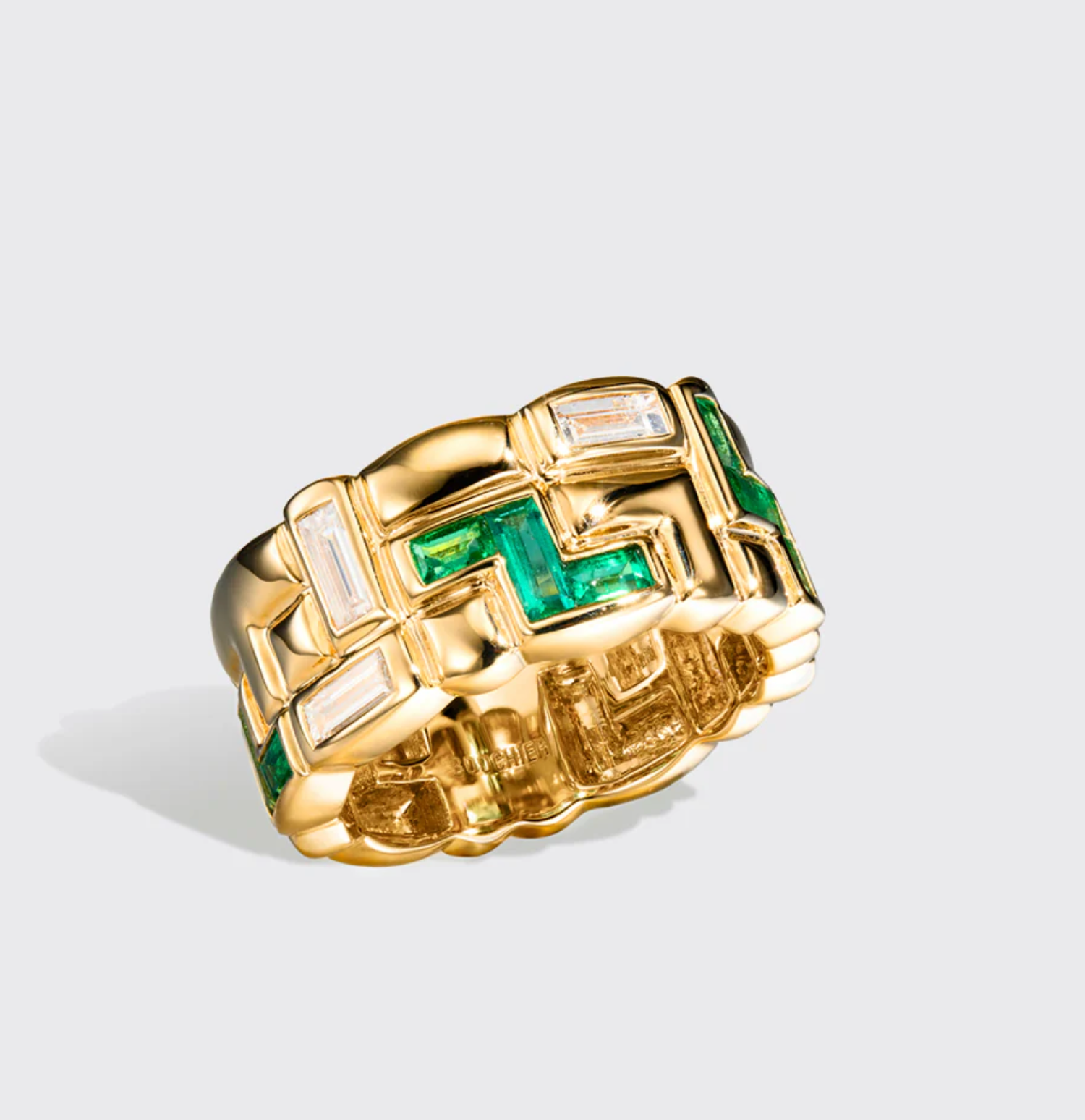 YELLOW GOLD HALF EMERALD AND DIAMOND ARCADE RING