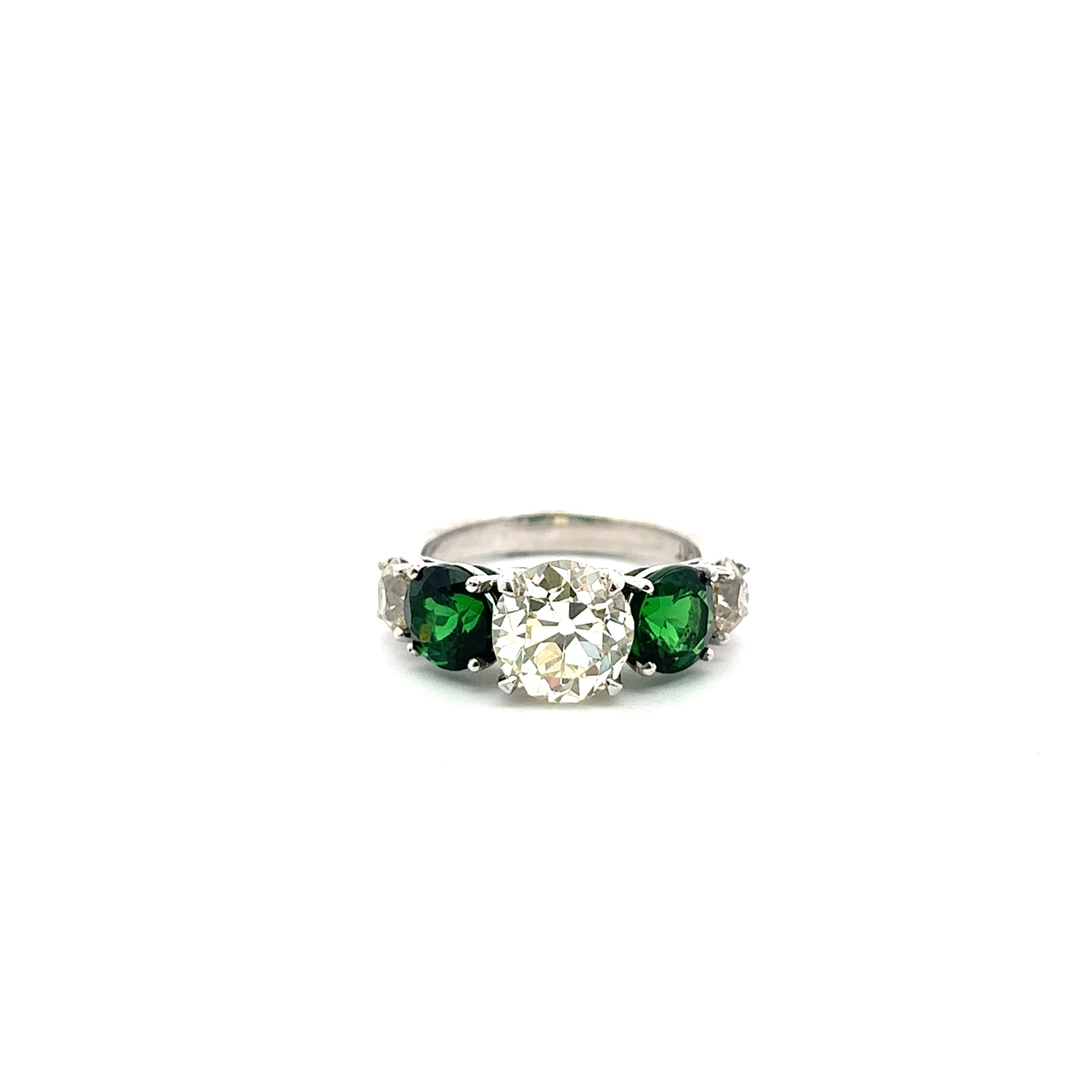 Vintage Old European Diamond and Tsavorite Platinum Five Stone Ring