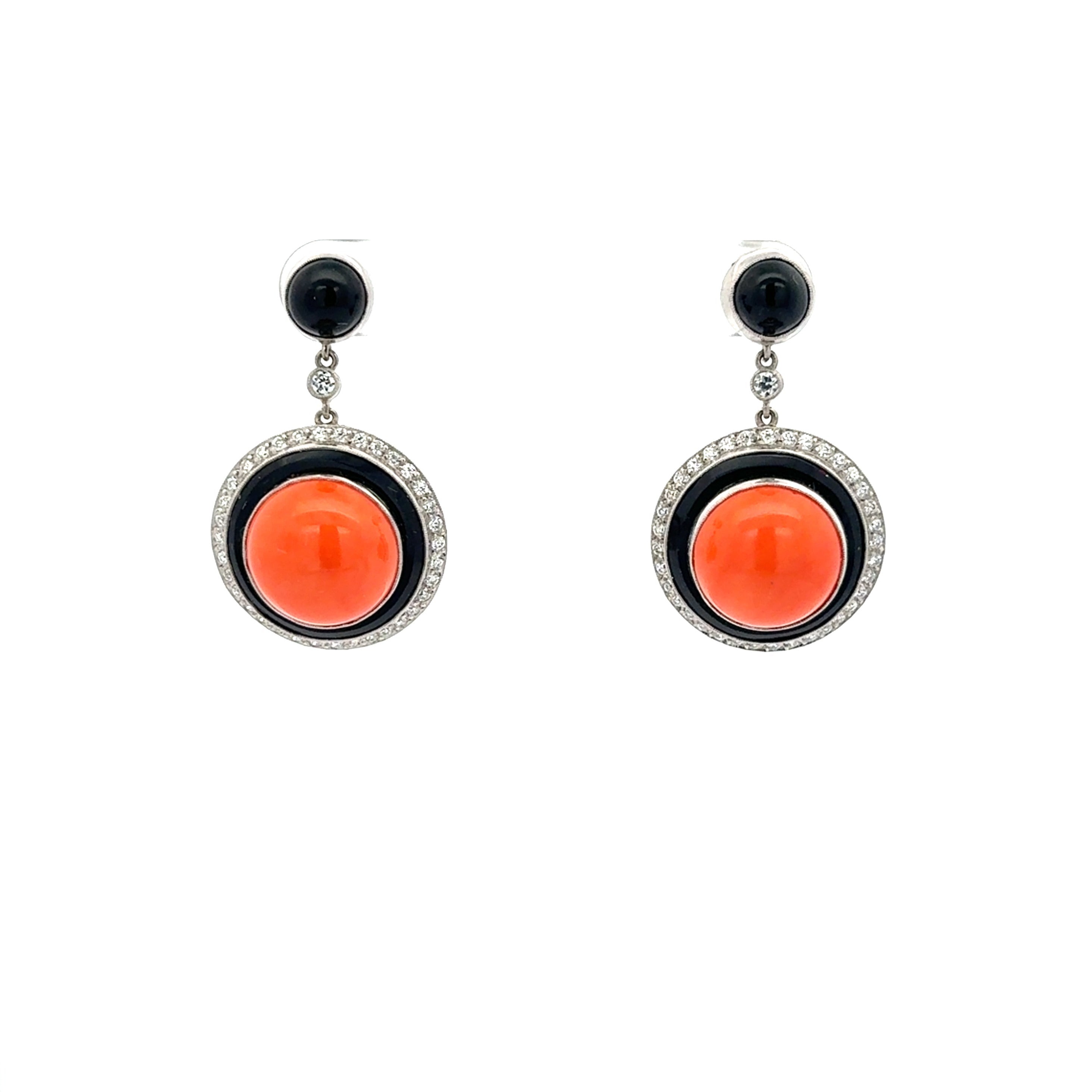 Vintage Platinum Coral, Onyx, and Diamond Drop Earrings