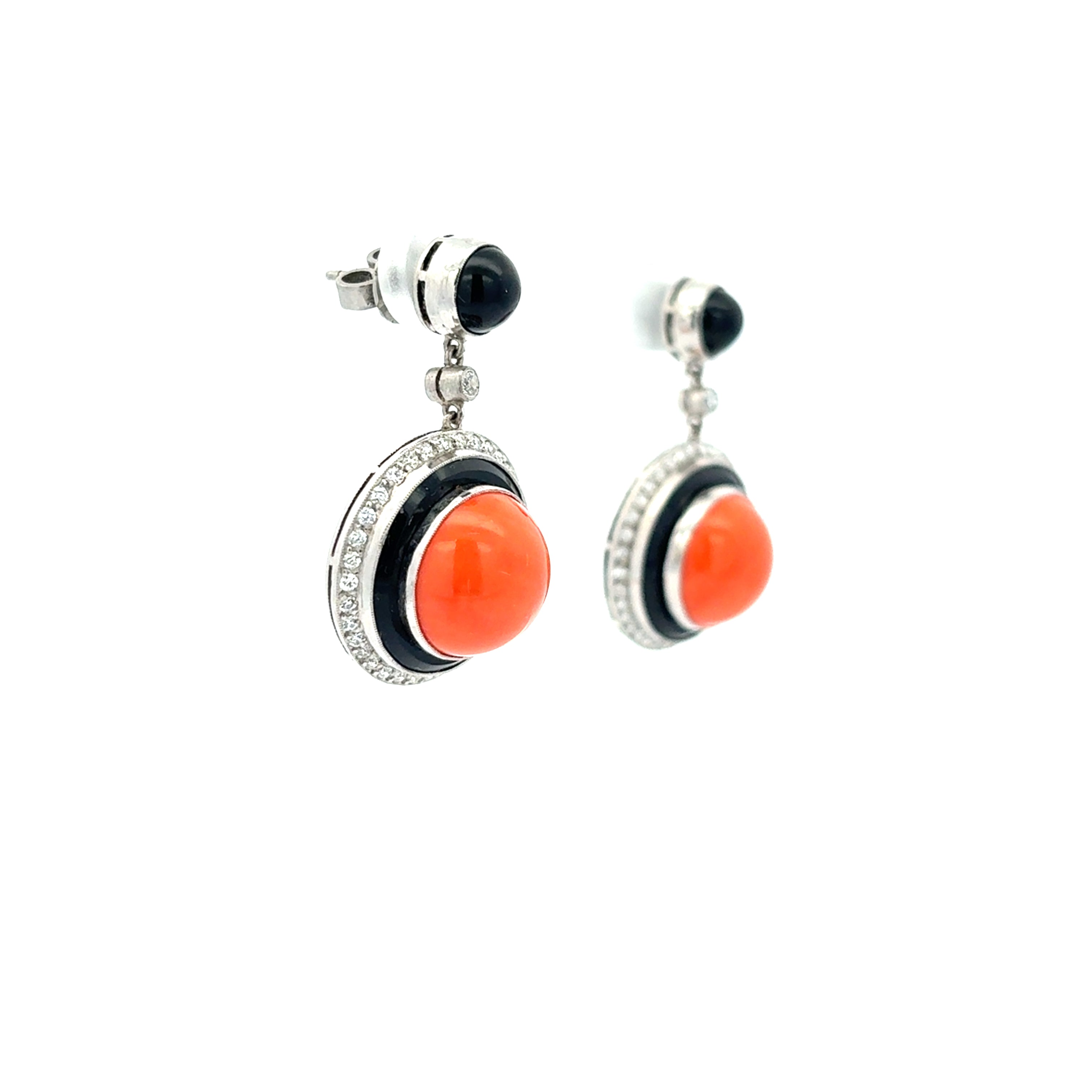 Vintage Platinum Coral, Onyx, and Diamond Drop Earrings