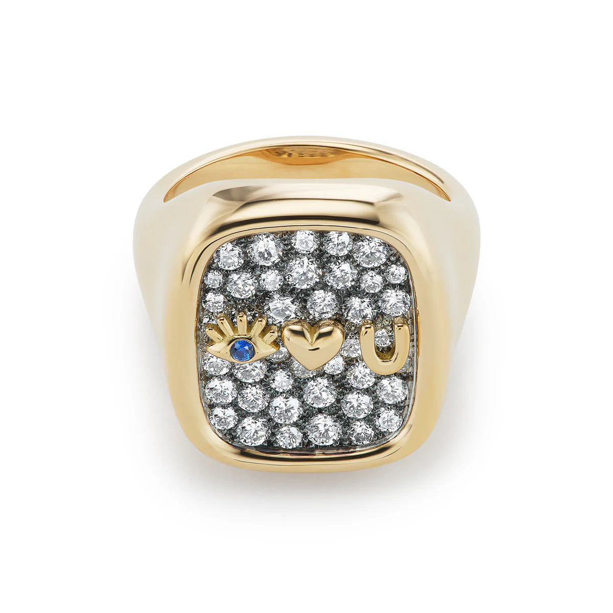 Mini Eye Heart U Signet with Diamond Pave & Rhodium